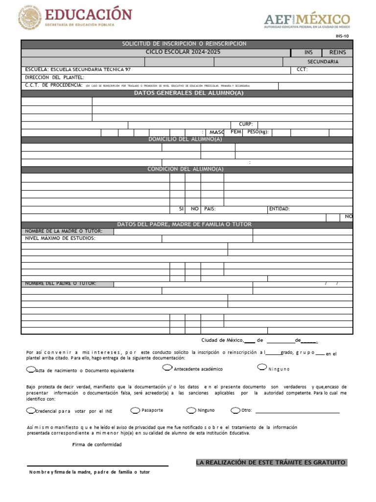 Formatos Incripción Ins-10 - Ex-10!24!25 (1) Tecnica 97 | PDF