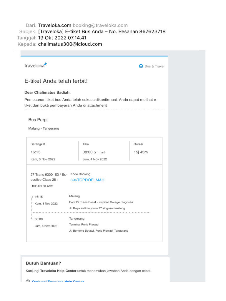 (Traveloka) E-Tiket Bus Anda - No. Pesanan 867623718 | PDF