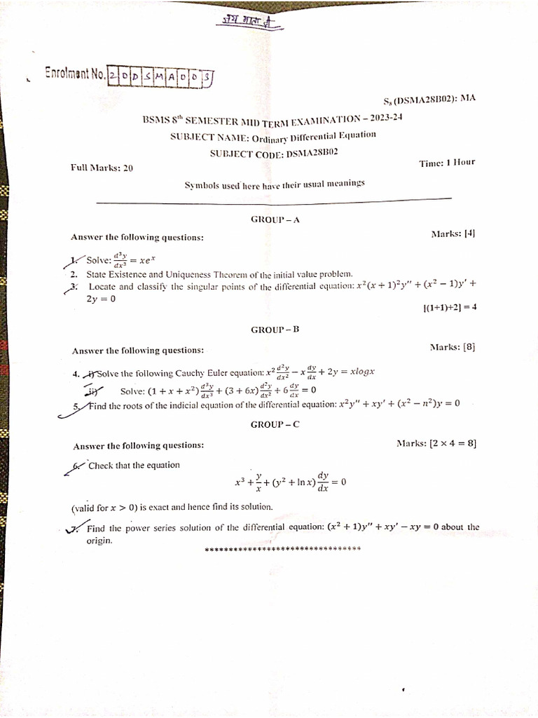 8th Sem Ode Mid Term Question Paper | PDF
