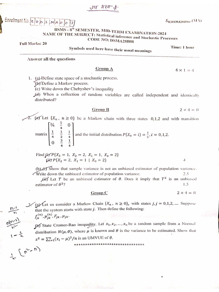 8th Sem Mid Term Question Paper Statistical Inference and Stochastic ...