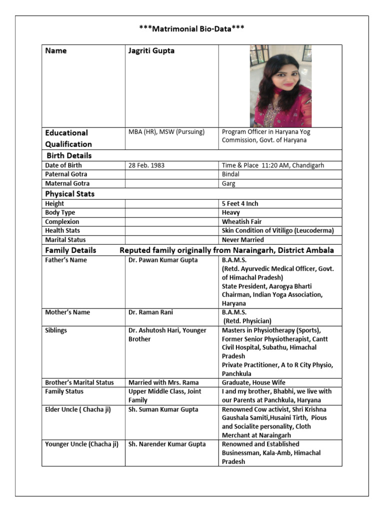 Jagriti Gupta Matrimonial Bio-Data | PDF