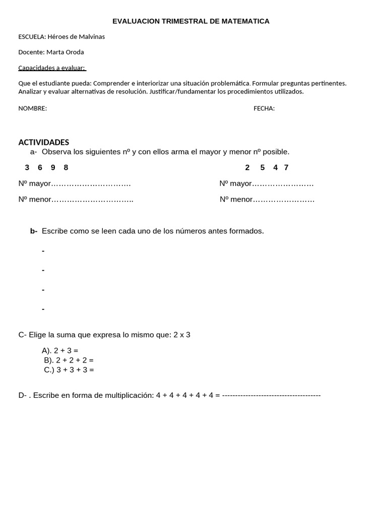 EVALUACION TRIMESTRAL DE MATEMATICA 3ro B HEROES | PDF