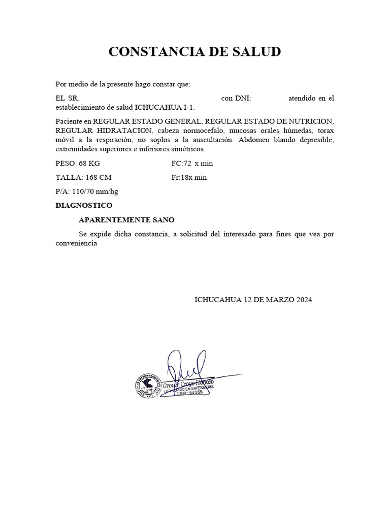 Constancia de Salud Washingtom | PDF
