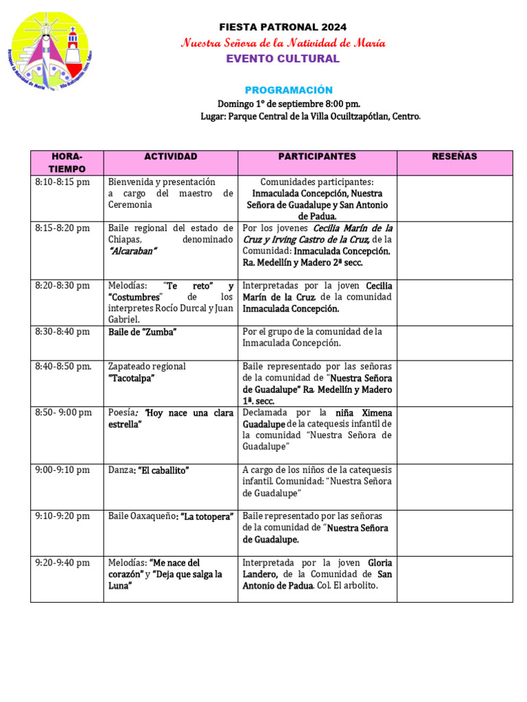 Programa de Actividades Cultural 1o de Septimbre 2024 Borrador | PDF