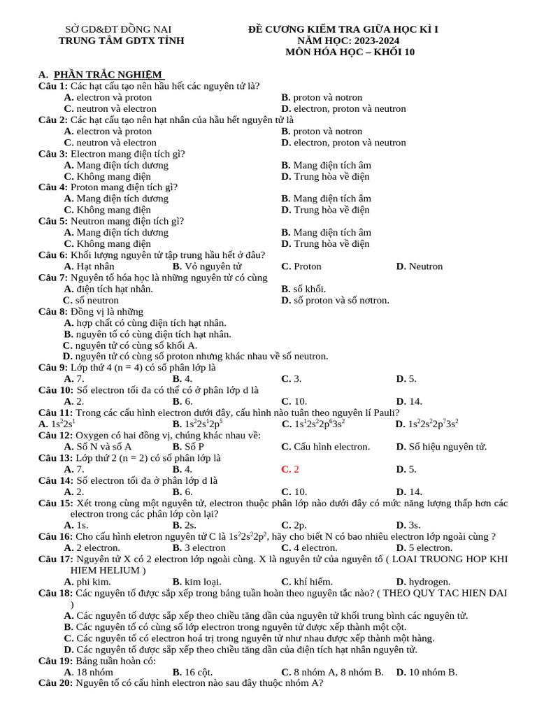 Đề cương - Hóa 10 - GK1 - 23-24 | PDF