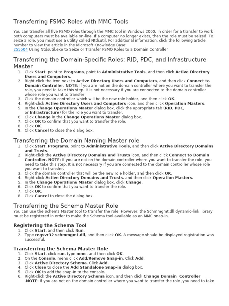 Transferring FSMO Roles With MMC Tools | PDF