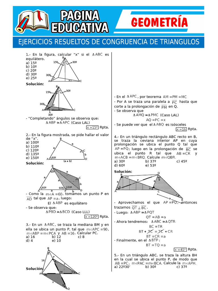 Ejercicios Resueltos de Congruencia de Triangulos Pagina Educativa | PDF
