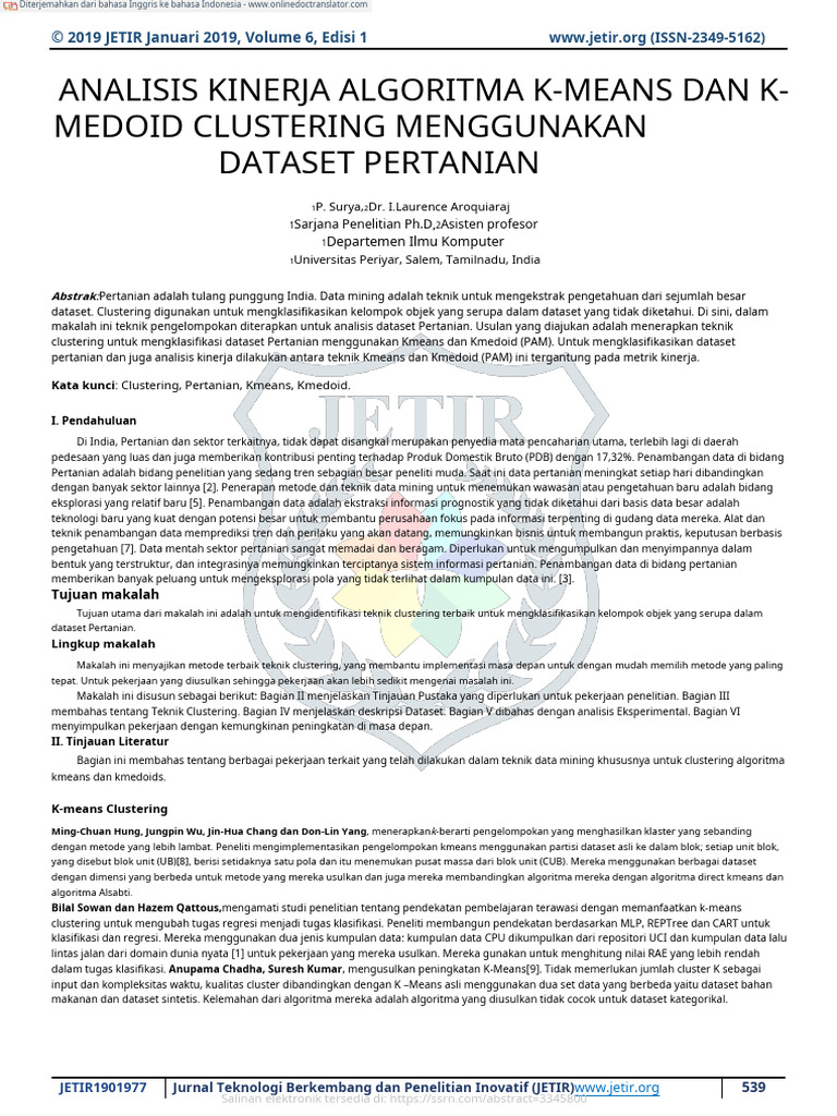 Int-Performance Analysis K-Means and K-Medoid Clusteirng Using ... Int-Performance Analysis K-Means and K-Medoid Clusteirng Using ...