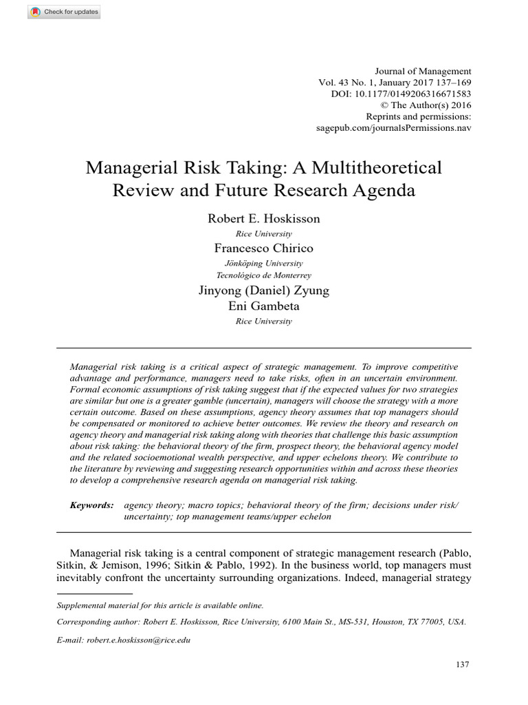 Hoskisson Et Al 2016 Managerial Risk Taking A Multitheoretical Review ...