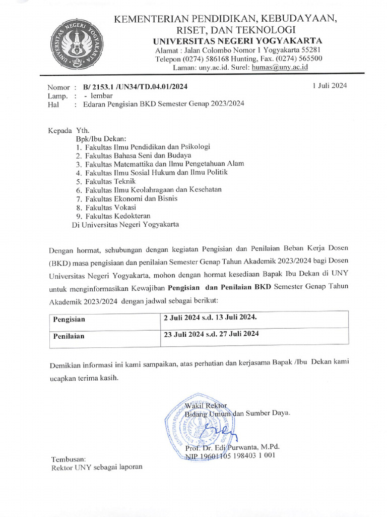 Edaran Pengisian BKD Semester Genap | PDF