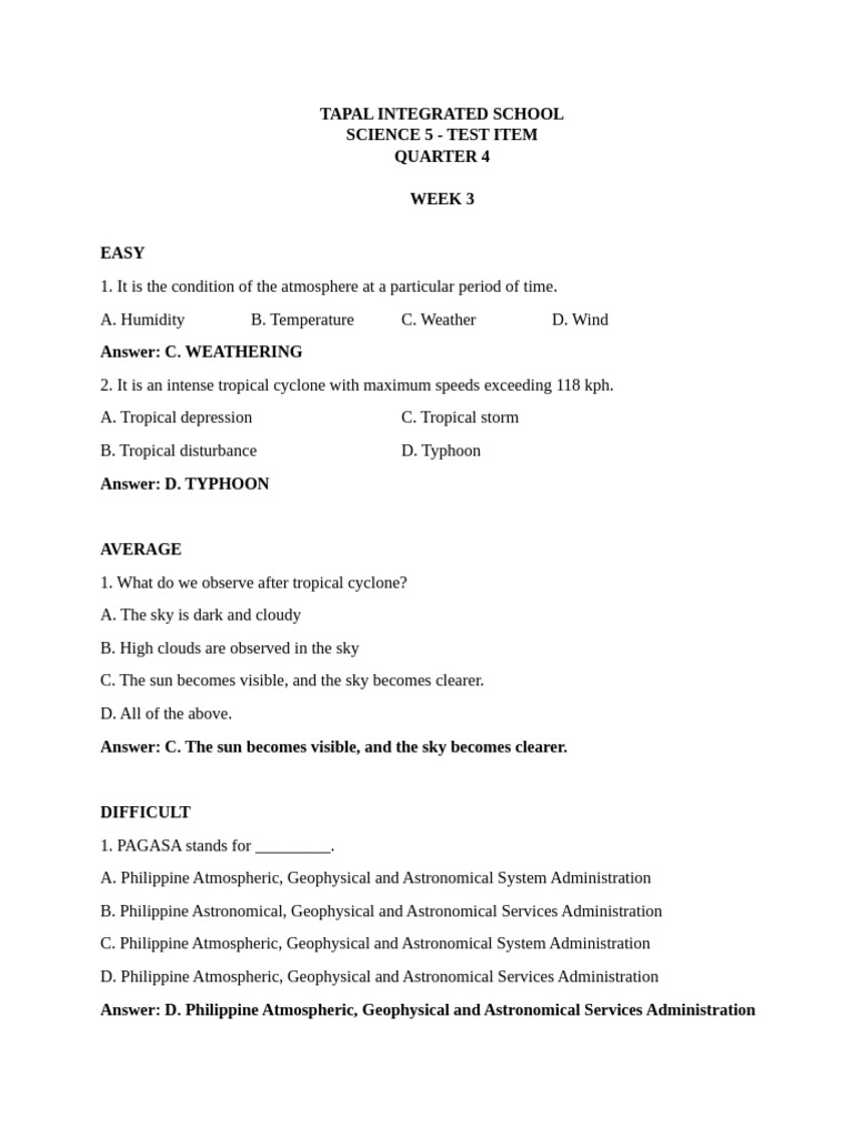 Tapal Integrated School (Elem) - Sample Test Questions Science 5 q4 ...
