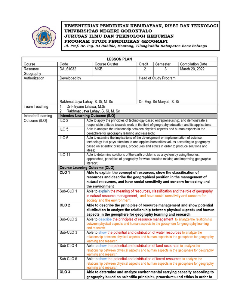 Lesson Plan - Resource Geography-2022-2023 | PDF
