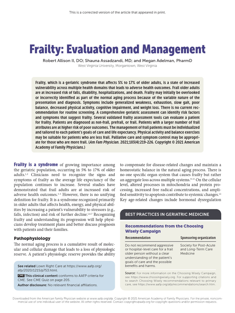 Frailty: Evaluation and Management: Robert Allison Ii, Do Shauna ...