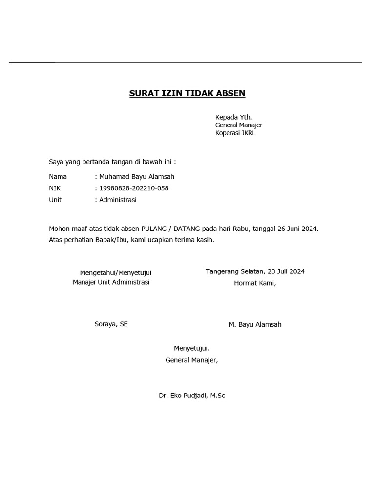 Surat Izin Tidak Absen (230724) | PDF