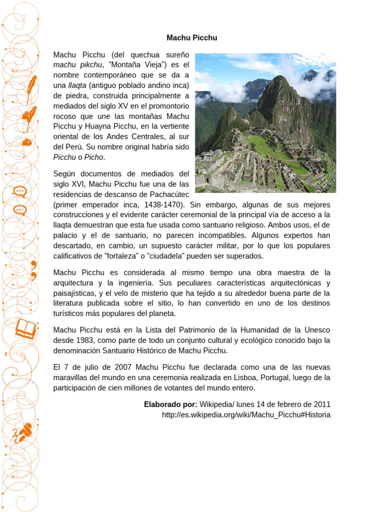 Texto Expositivo Machu Pichu | PDF | Machu Picchu | Arte