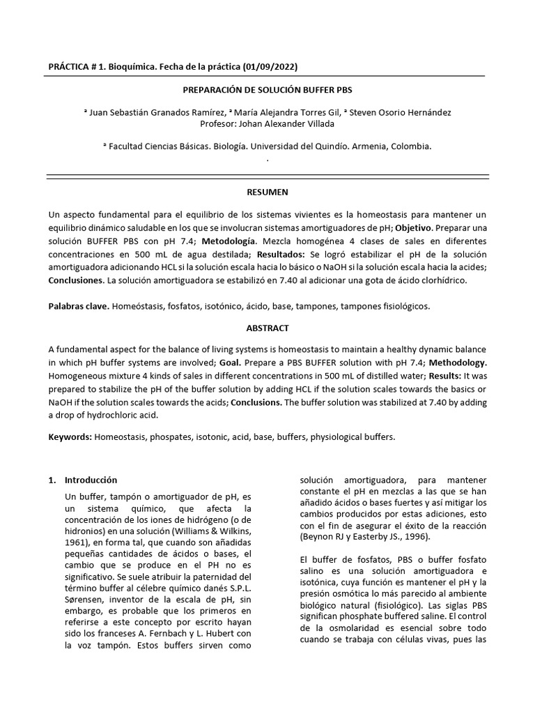 Informe 1 Bioquímica Final | PDF | Solución tampón | Solución salina tamponada con fosfato