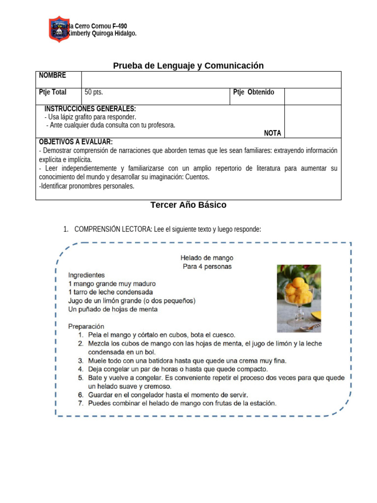 Prueba de Lenguaje y Comunicación 3º básico | PDF