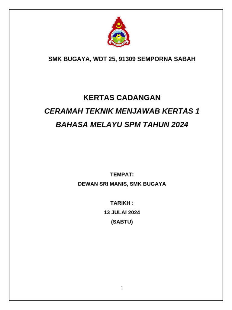 Kertas Cadangan Teknik Menjawab BM SPM Kertas 1 SMK Bugaya 2024 | PDF