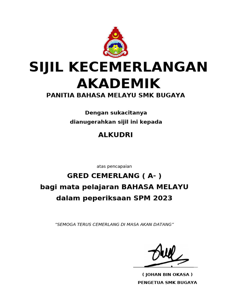 Sijil Kecemerlangan BM SPM 2023 Latest | PDF