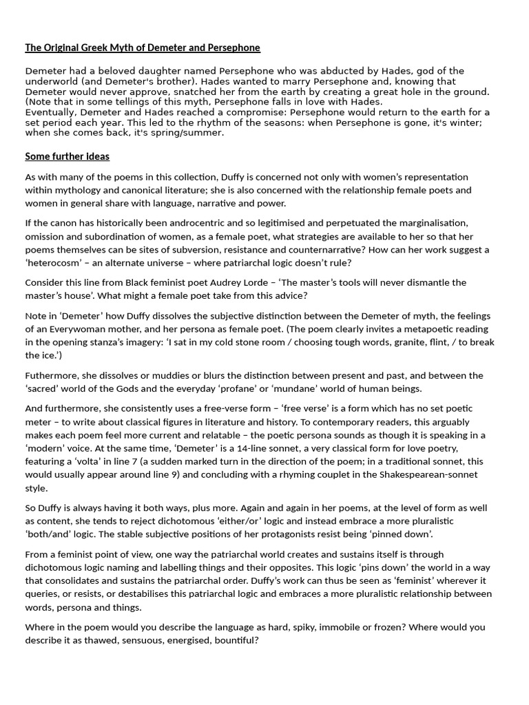 Carol Ann Duffy's Demeter - Further Notes | PDF