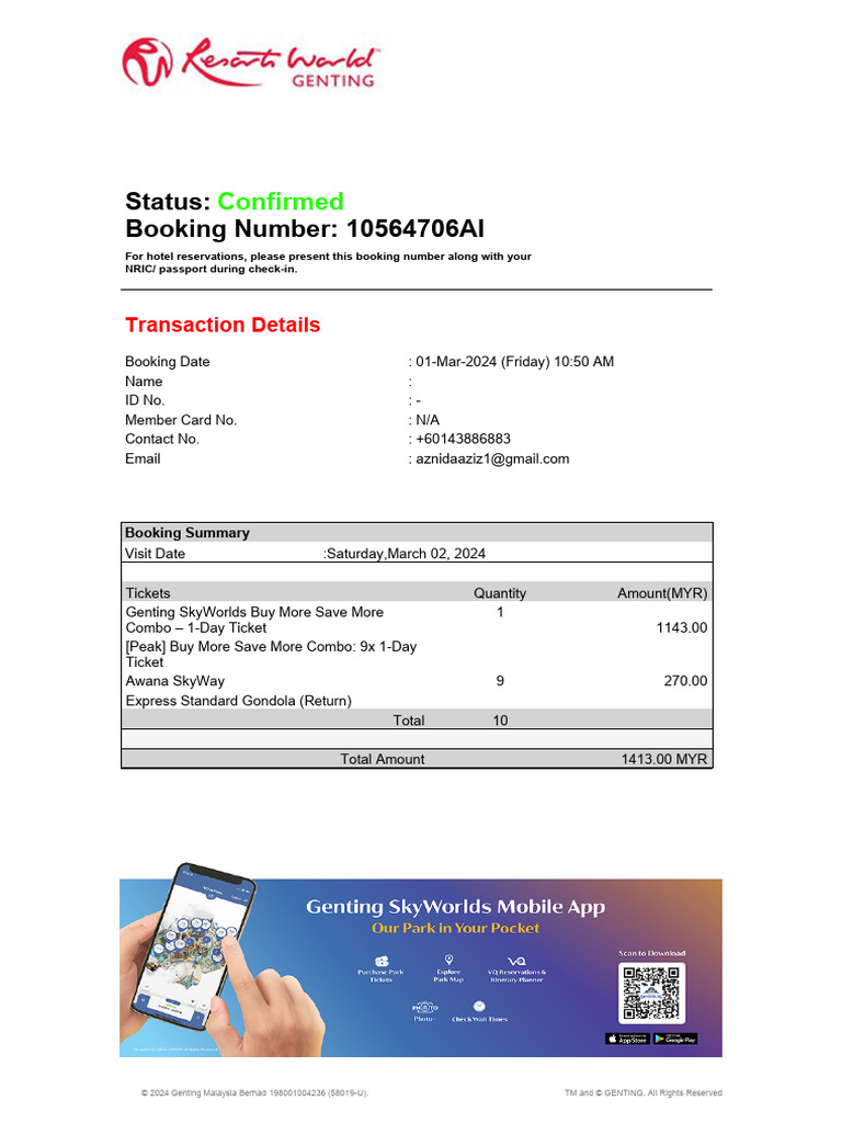 Booking Ticket 9 Pax For Skyworld - Awana Gondola | PDF