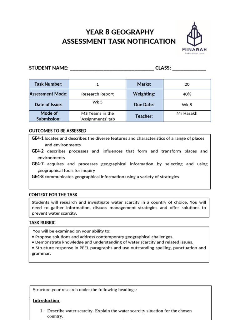 Year 8 Geography Assessment Task 2024 | PDF