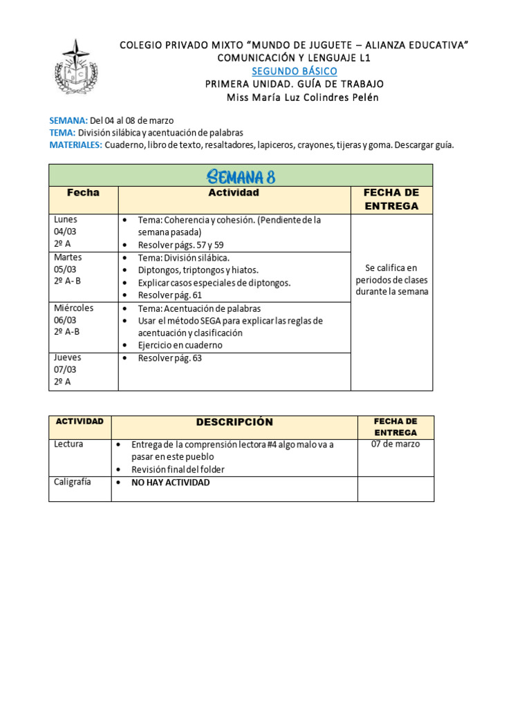 S8 1a. U 2do - Básico División Silabica y Acentuación de Palabras | PDF
