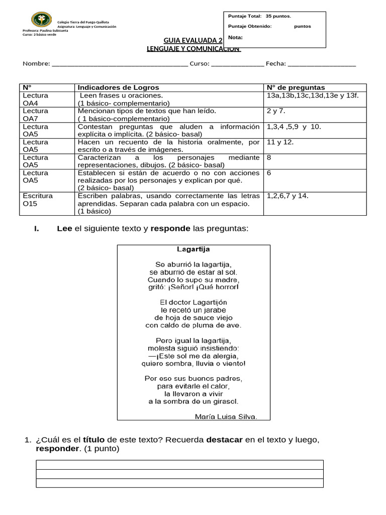 Guia Evaluada Lenguaje | PDF