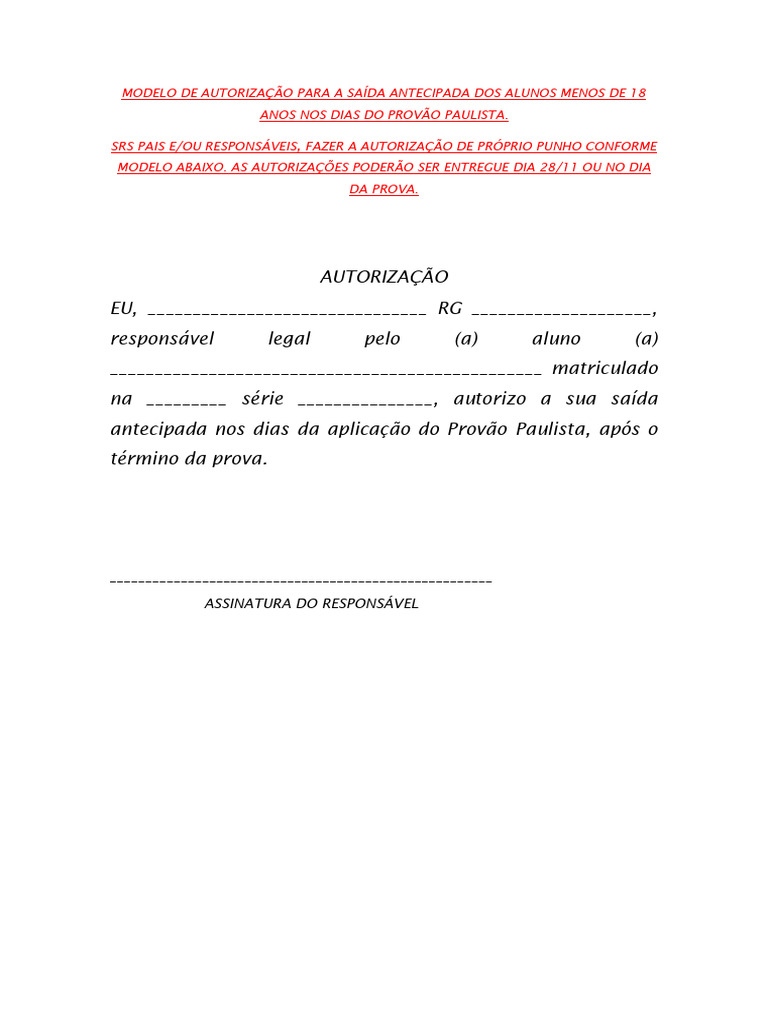 Modelo de Autorização para A Saída Antecipada Dos Alunos Menos de 18 ...