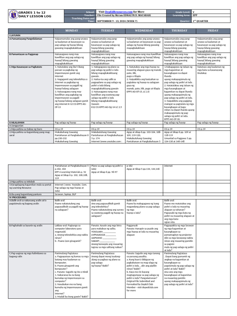 DLL - Epp 5 - Q1 - W7 | PDF | Behavior Modification | Psychological Concepts