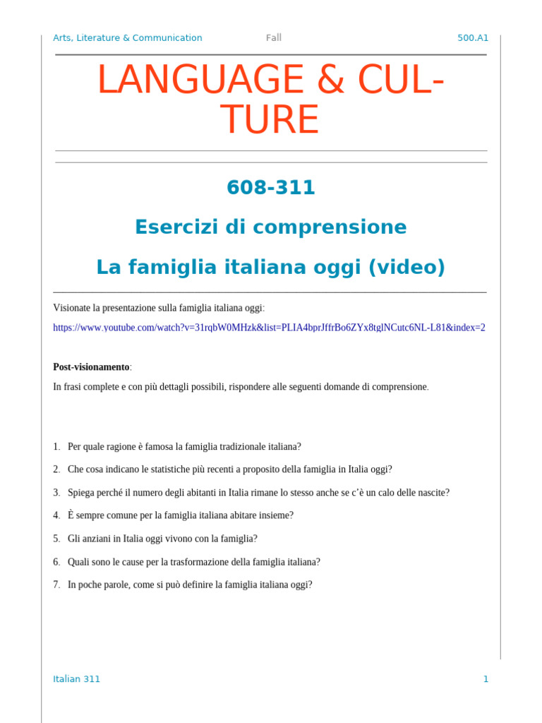 La Famiglia Italiana Oggi - Comprensione | PDF