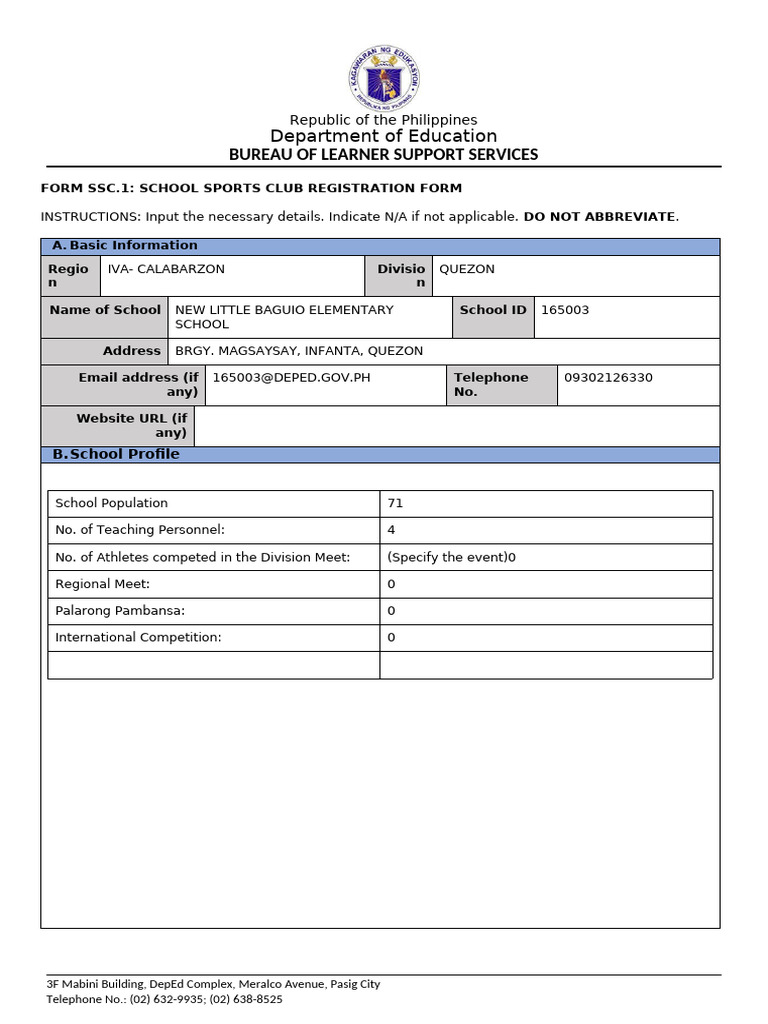 FORM-SSC.1-School-Sports-Club-Registration-Form-v1 NLBES 2024 | PDF
