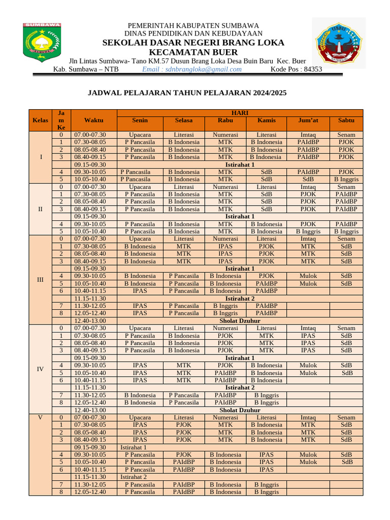 Jadwal Pelajaran SDN Barangloka 2024-2025 | PDF