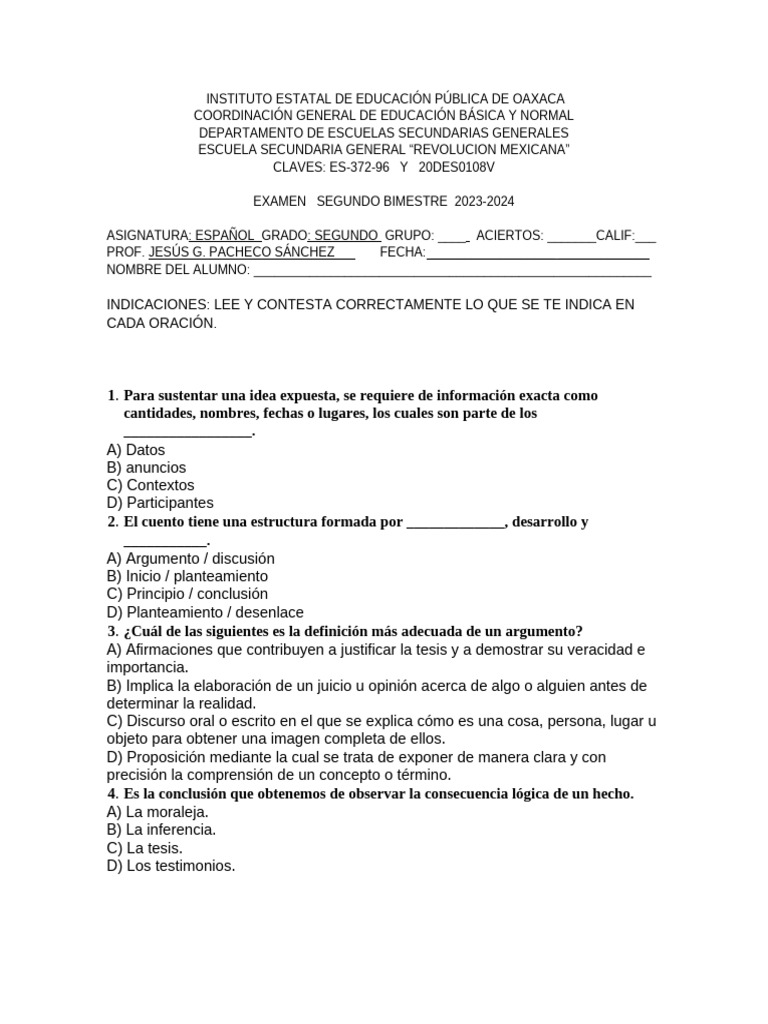 Examen de Español 2° Grado 2023-2024 | PDF | Argumento