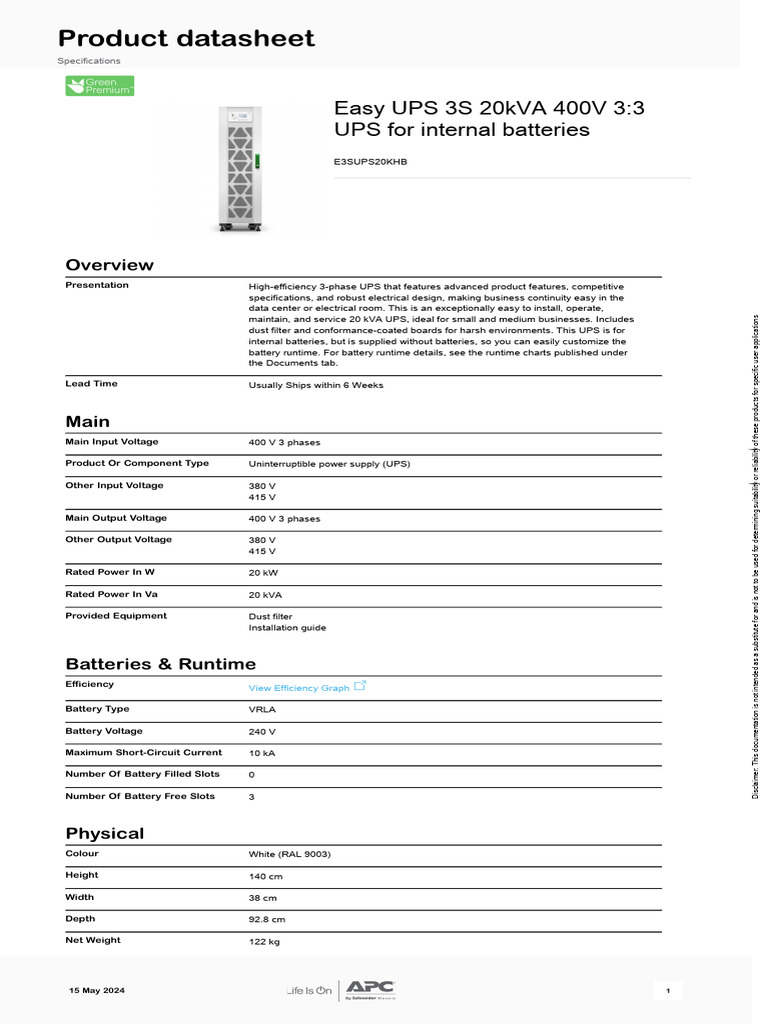 APC Easy-UPS-3S E3SUPS20KHB | PDF