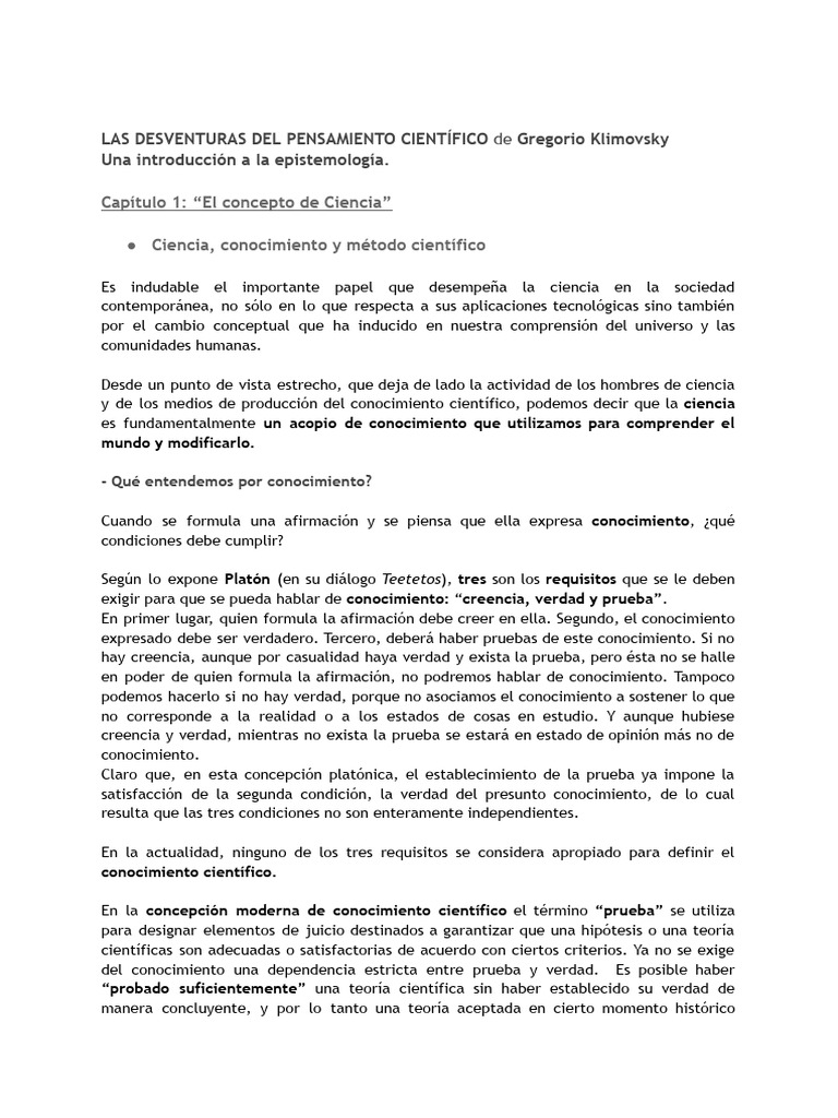 Gregorio Klimovsky Capitulo 1 Resumen | PDF | Verdad | Filosofía
