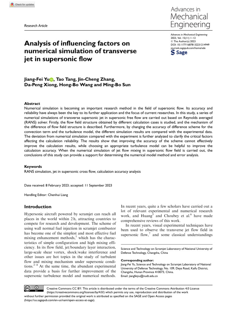Yu Et Al 2023 Analysis of Influencing Factors On Numerical Simulation of Transverse Jet in ...