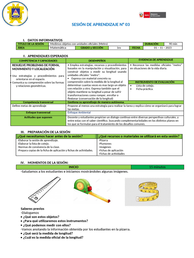 Sesión N°03 - Matemática (Medida de Longitud Metro) | PDF