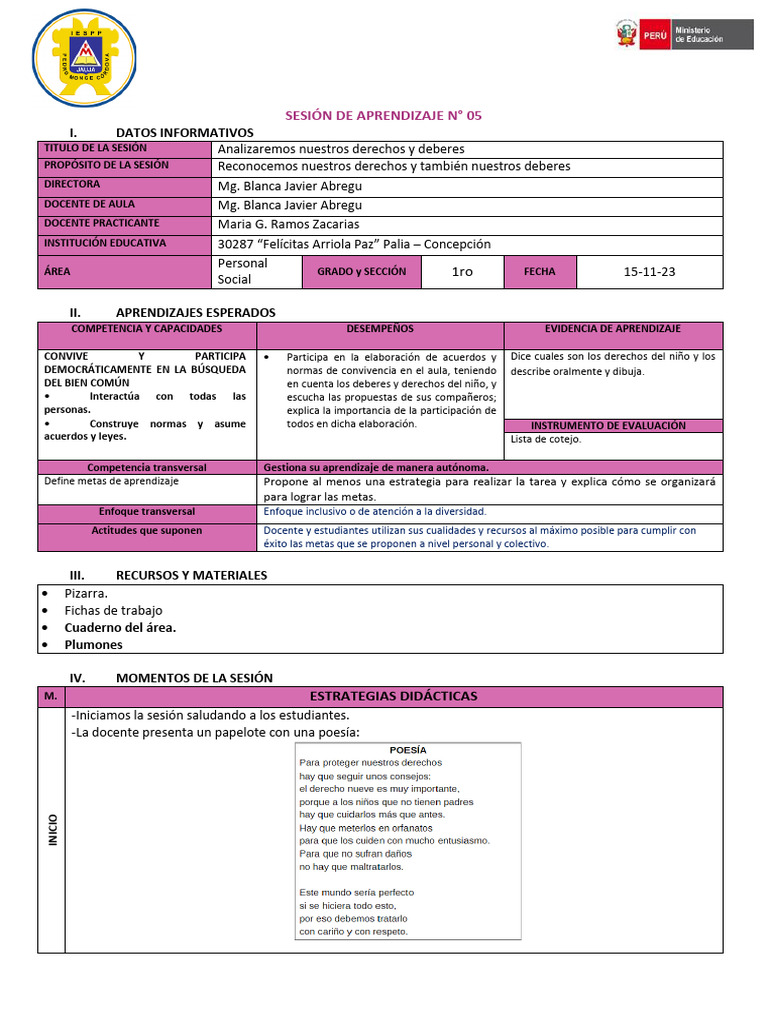 Sesión N 05 Personal Social Derechos Y Deberes Pdf