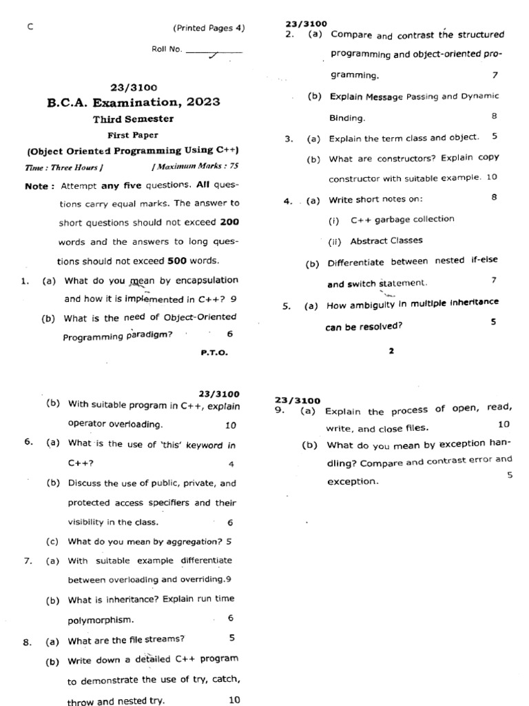Bca 3 Sem Object Oriented Programming Using Cpp 3100 2023 Pdf