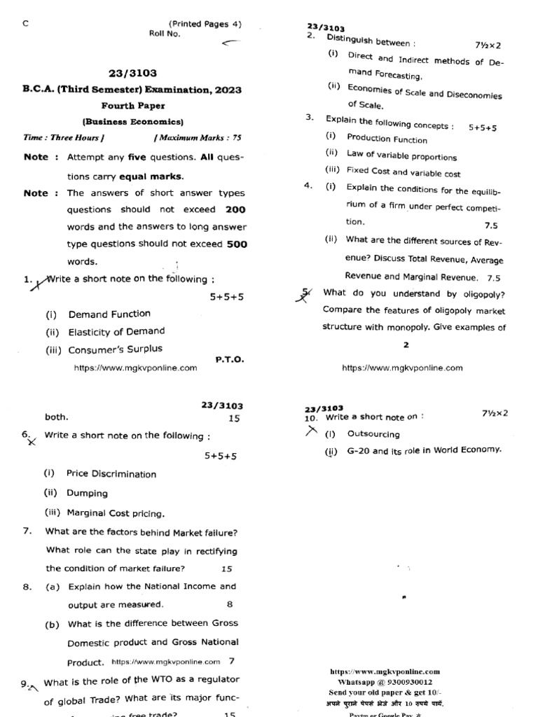 Bca 3 Sem Business Economics 3103 2023 | PDF
