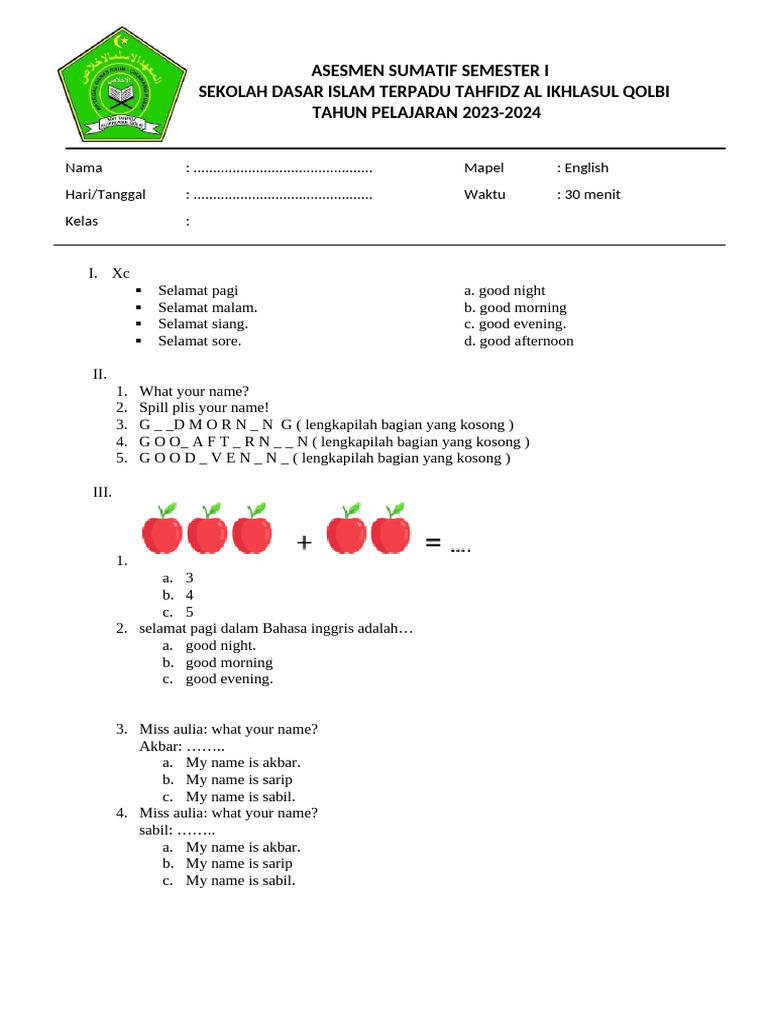 SOAL UTS ENGLISH KLS 1 | PDF
