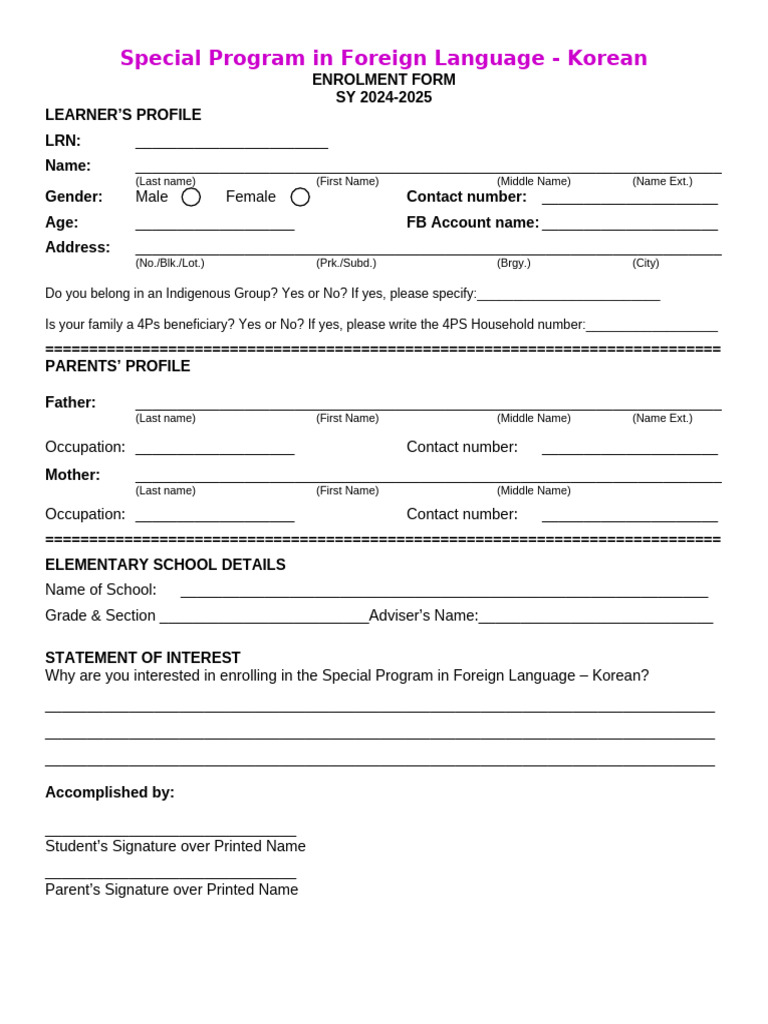 SPFL KOREAN Enrolment Form | PDF