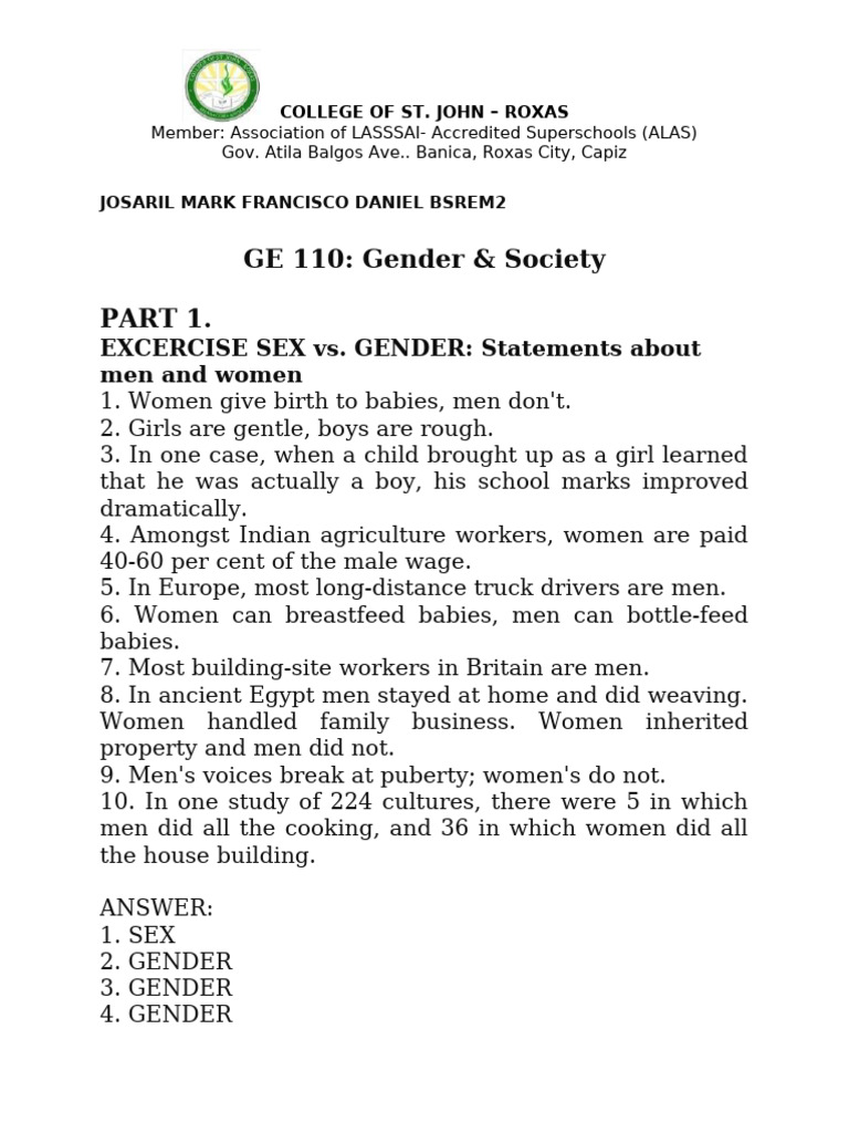 GE 110 Gender Society ASSESSMENT 1 | PDF