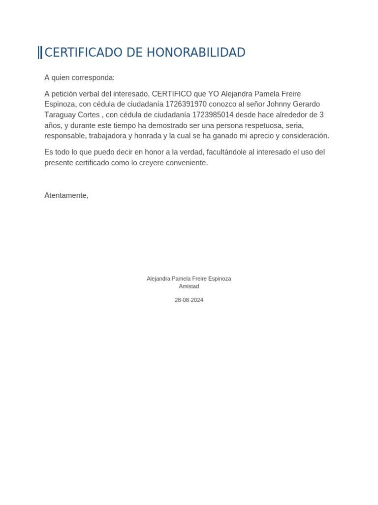 Certificado de Honorabilidad Alejandra Freire | PDF
