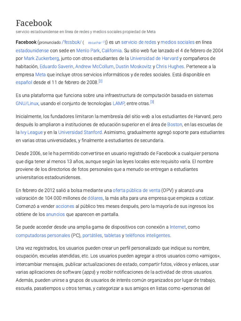 Facebook - Wikipedia, La Enciclopedia Libre | PDF