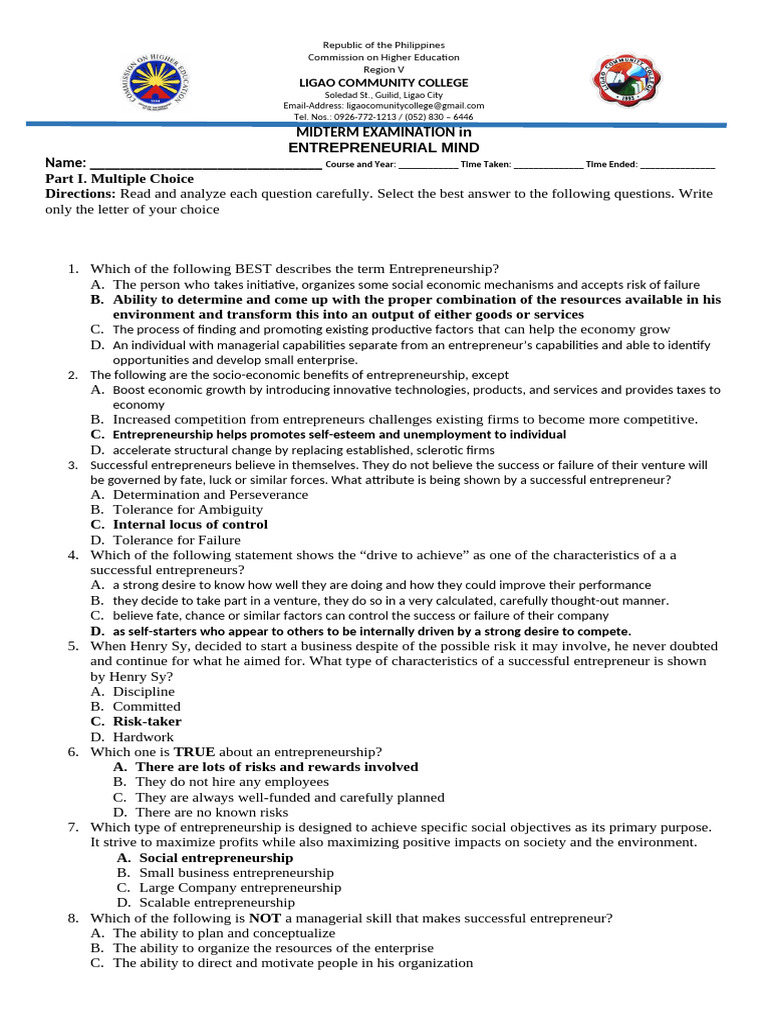 Midterm-Entrep Mind-Pool of Questions | PDF | Entrepreneurship ...