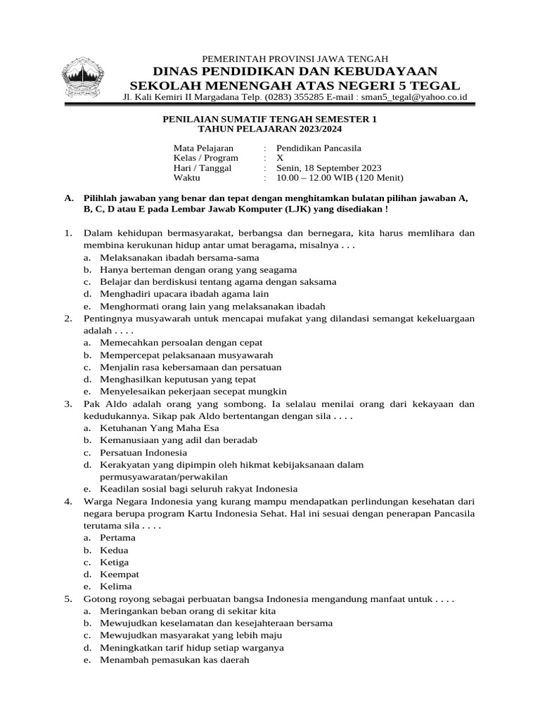 PSTS Pend Panc Kelas 10 SMT 1 2023 | PDF