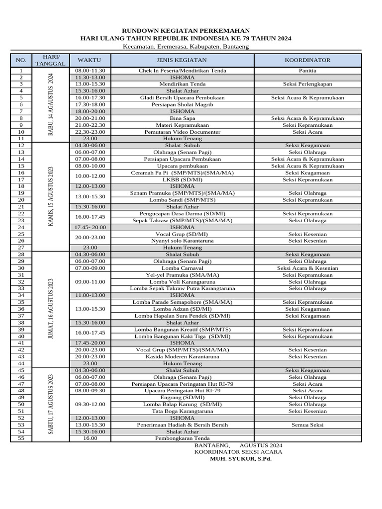 Rundown a. Perkemahan - Hut Ri-79-2 Baru | PDF