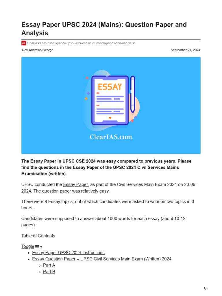 Essay Paper UPSC 2024 Mains Question Paper and Analysis | PDF